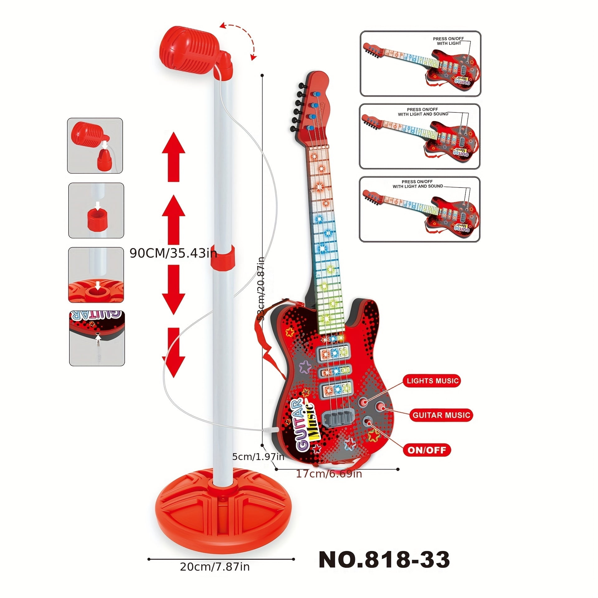 **Kids Guitar Toy Set with 4 Strings & Mic Stand - LED Lights Simulated ...