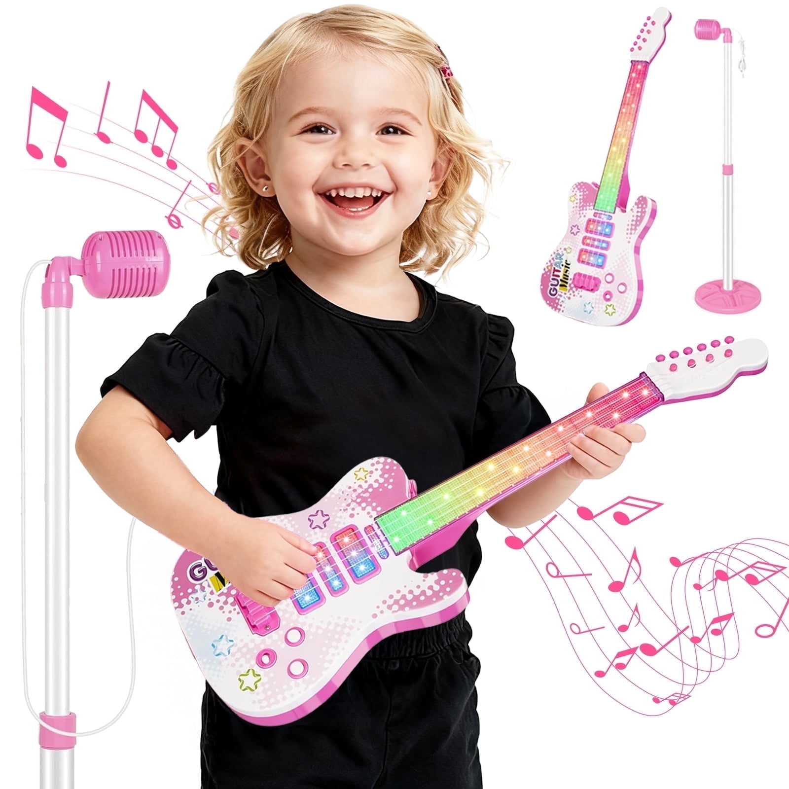 Kids Guitar and Microphone Set, Microphone Toys with Adjustable Height ...