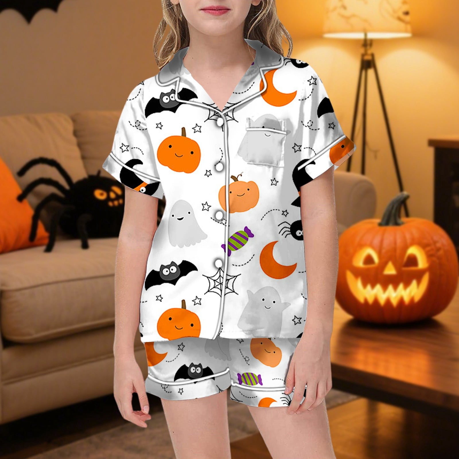 Kids Halloween Pajamas Toddler Ghost Pumpkin Print Silk Satin Pajamas ...