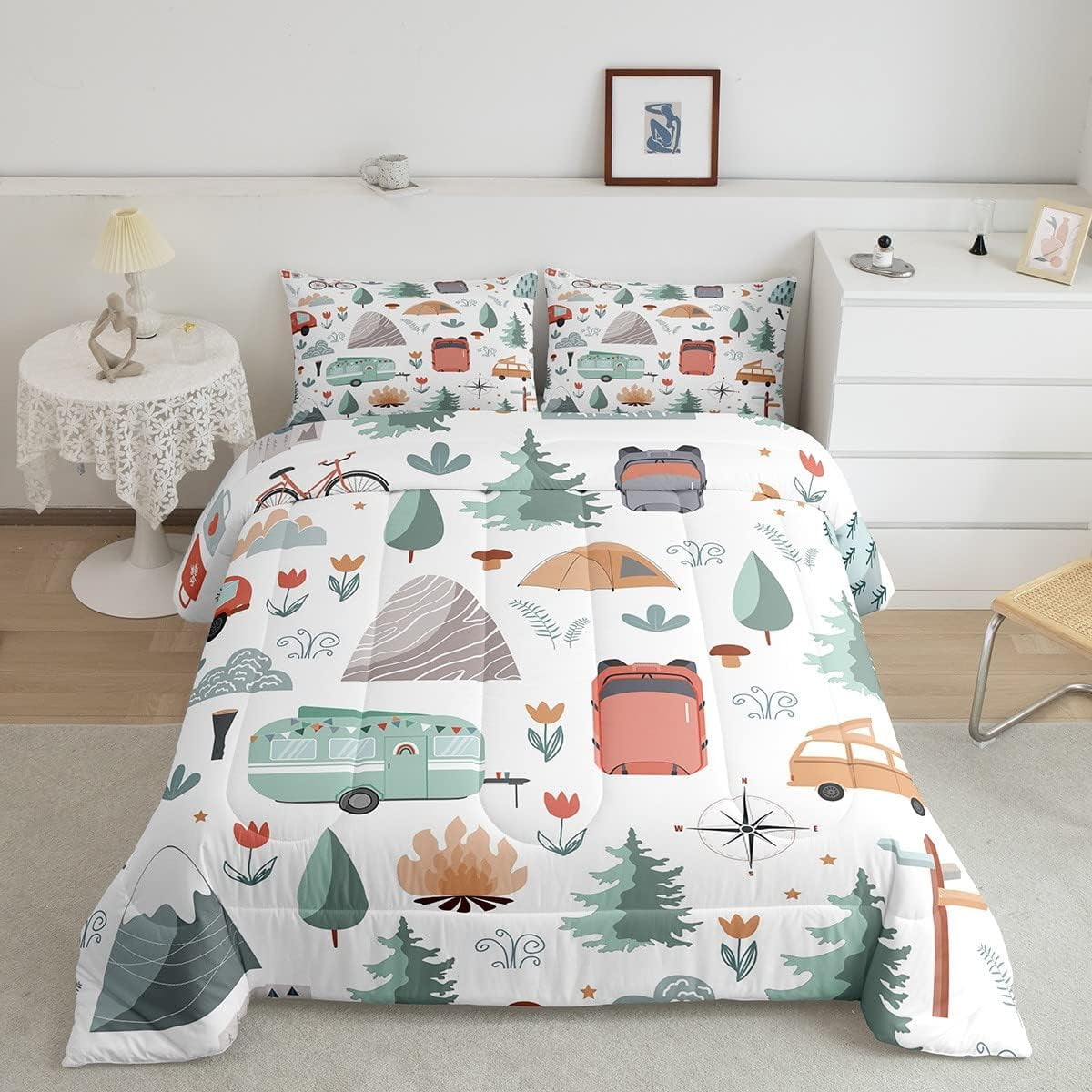 Kids Happy Camping Comforter Set Queen, Camper Bedding for Travel ...