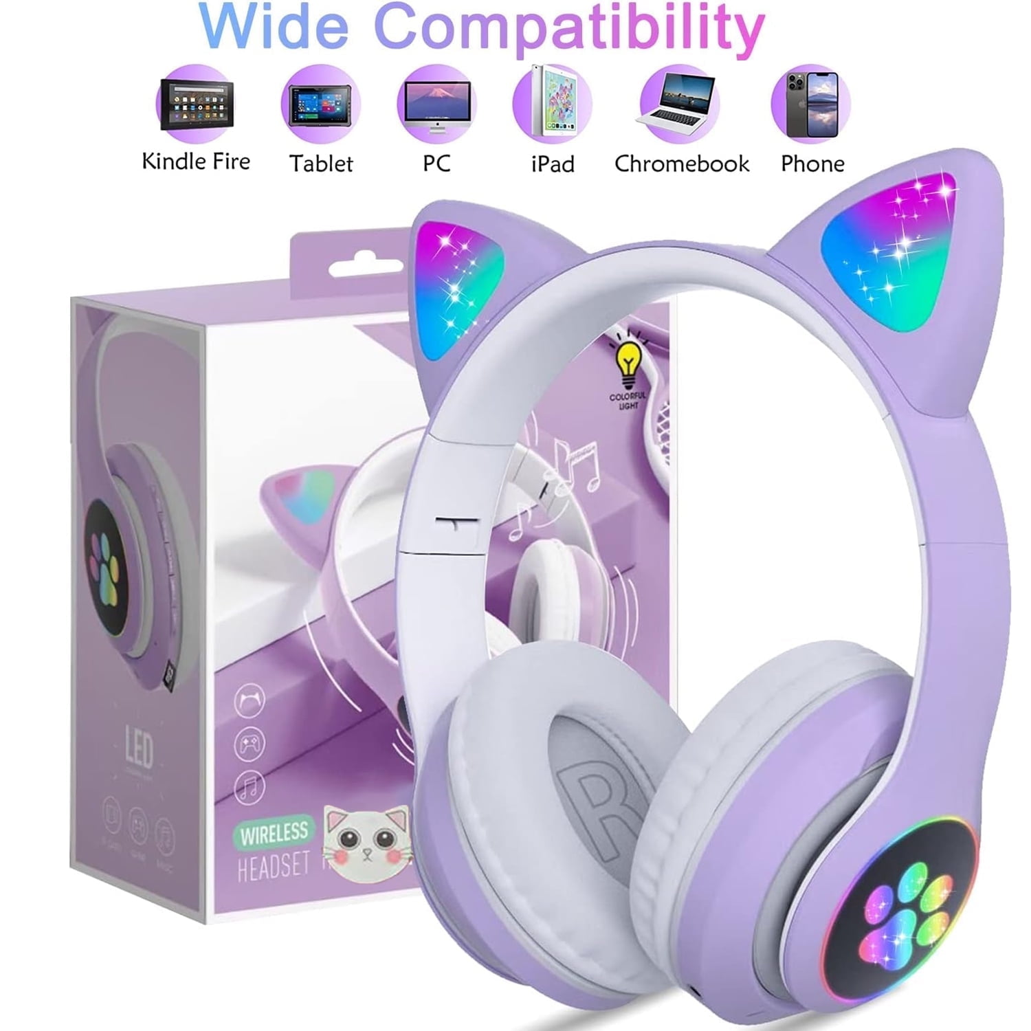 HQinX Kids Cat Ear Headphones, Bluetooth, LED Light, Mic, 94dB Volume ...