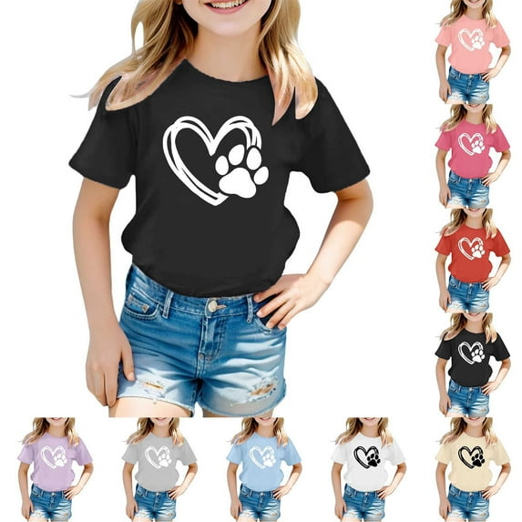 Kids Heart Puppy Print Tshirts Short-Sleeved T-Shirt Casual Top Purple ...