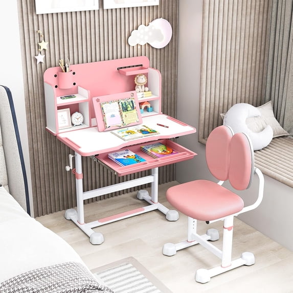 Kids Height-Adjustable Study Desk and Chair Set with Tilting Desktop ...