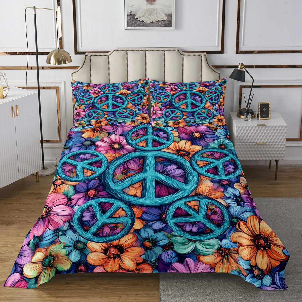 Hippie Coverlet Set Boho Peace Sign Quilt Set King,Teal Peace Symbol ...