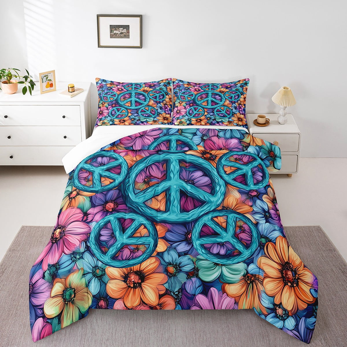 Kids Hippie Down Comforter Boho Peace Sign Comforter Sets Twin Peace Symbol Print Bedding Sets ...