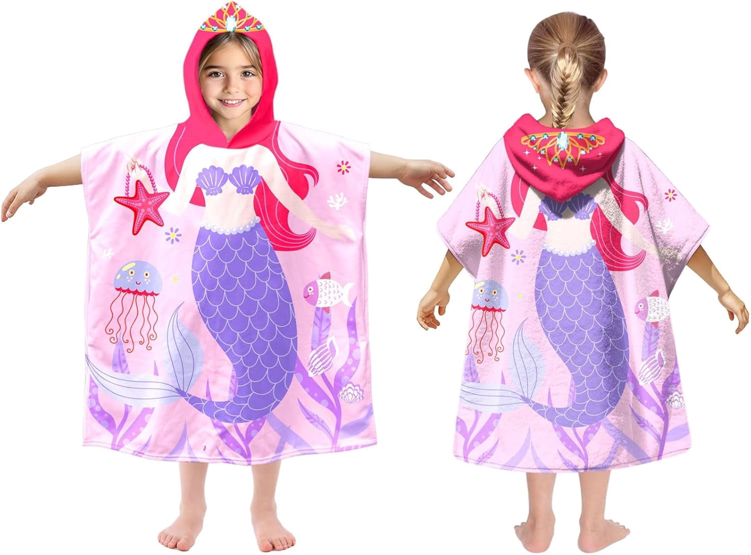 Kids Hooded Beach Towels Wrap for 4-12 Years,Cute Mermaid Theme Girls ...