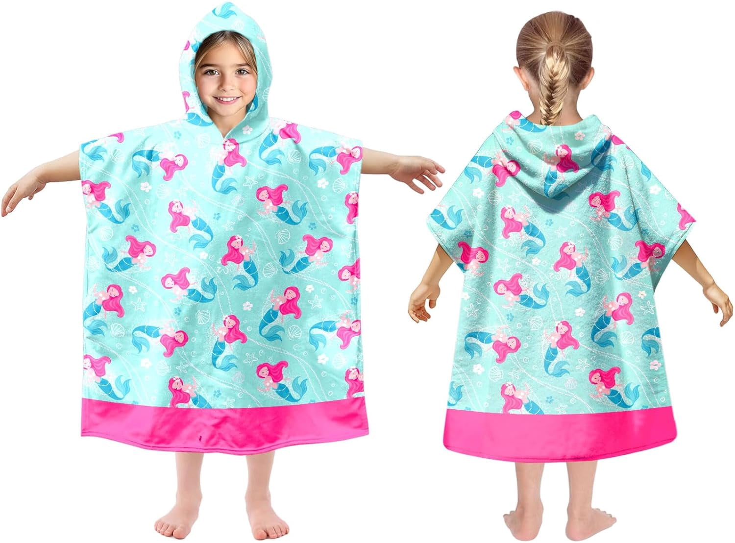 Kids Hooded Beach Towels Wrap for 4-12 Years,Cute Mermaids Theme Girls ...