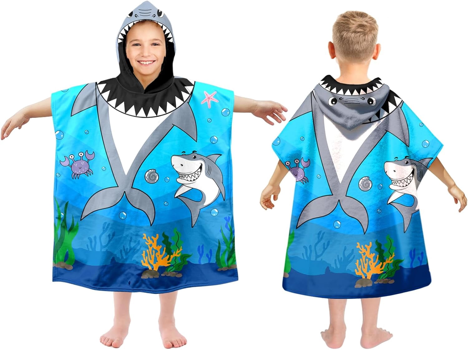Kids Hooded Beach Towels Wrap for 8-14 Years,Cute Shark Theme Boys Swim ...