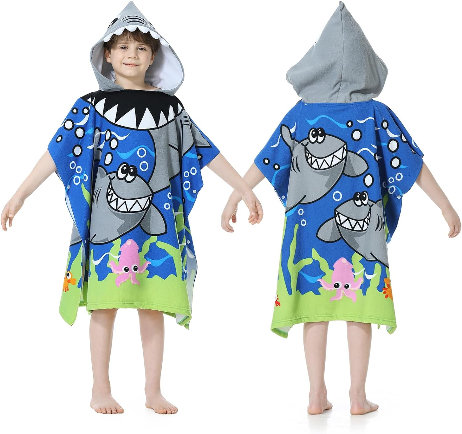 Kids Hooded Poncho Shark Towels, Soft & Absorbent Microfiber Beach ...
