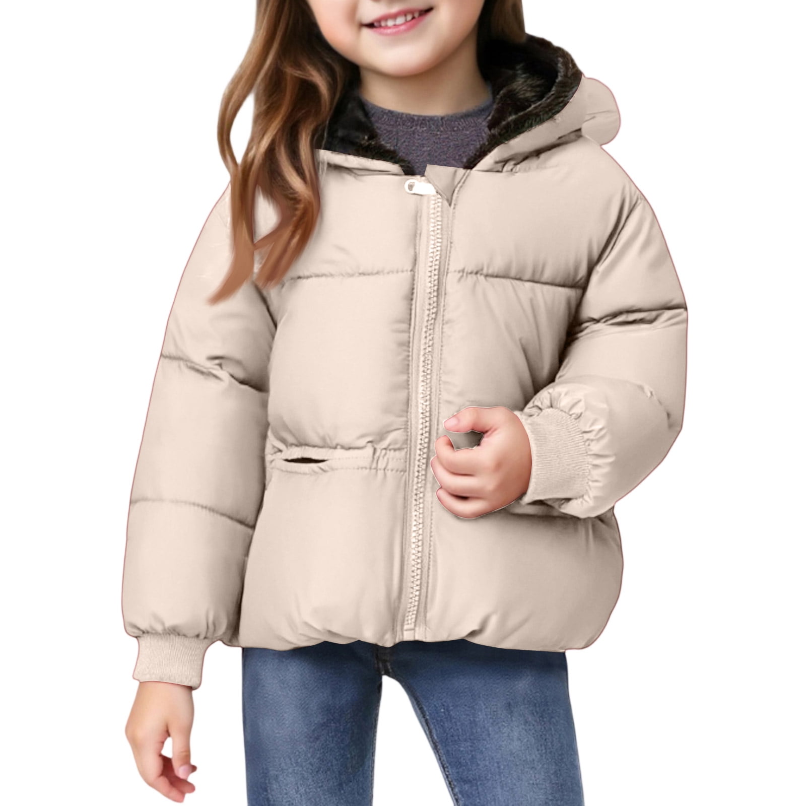 Kids Hooded Puffer Jacket with Zipper Closure and Fleece Lining Warm Winter Outerwear for Boys ...