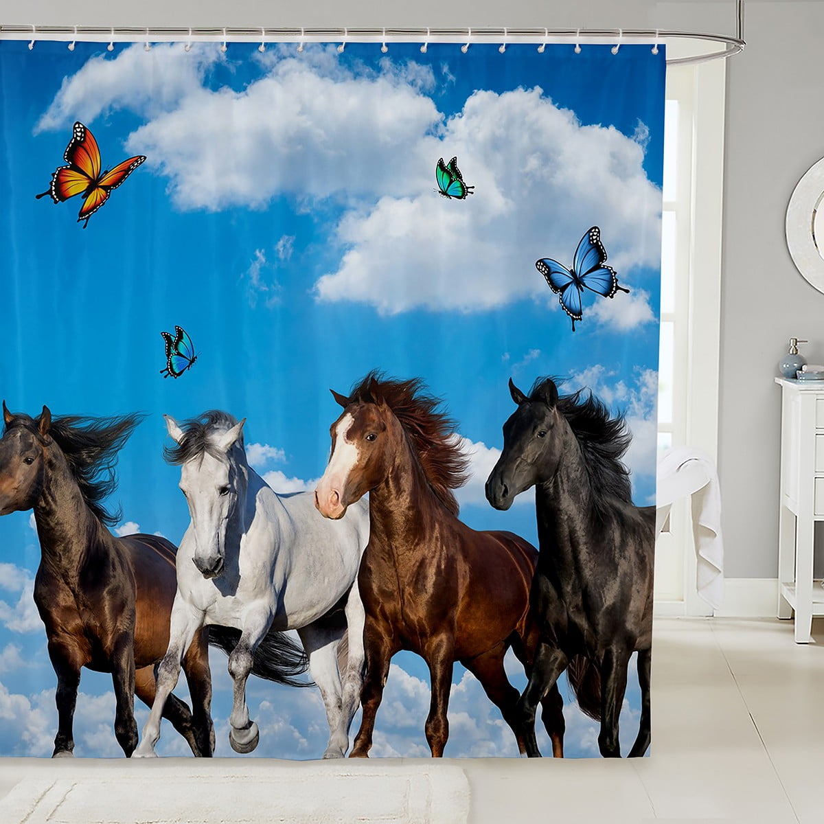 Kids Horse Bathroom Curtain White Brown Galloping Bath Curtain, Rustic ...
