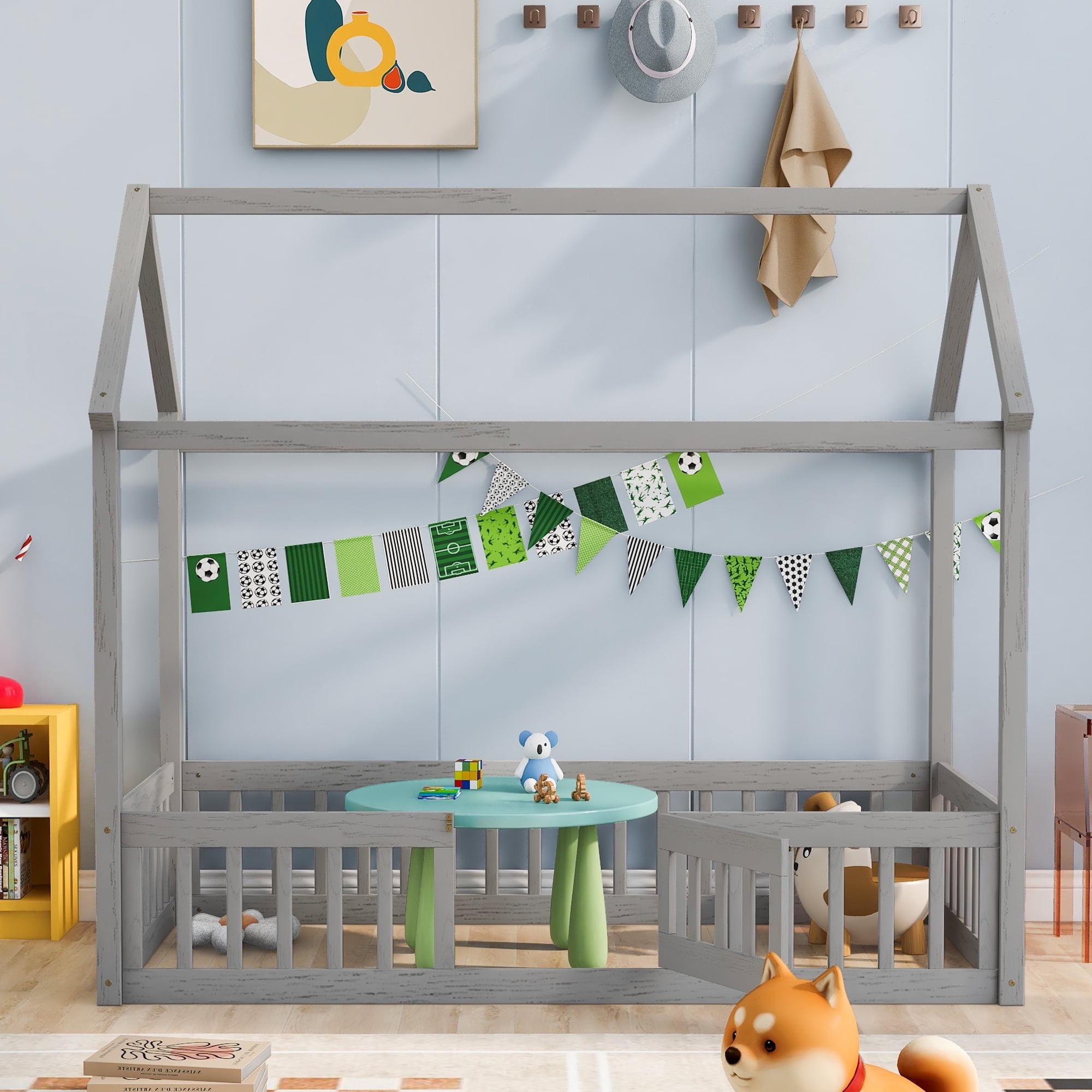 Kids House Bed Twin Size Wood Floor Bed With Fence Roof Pine Platform ...