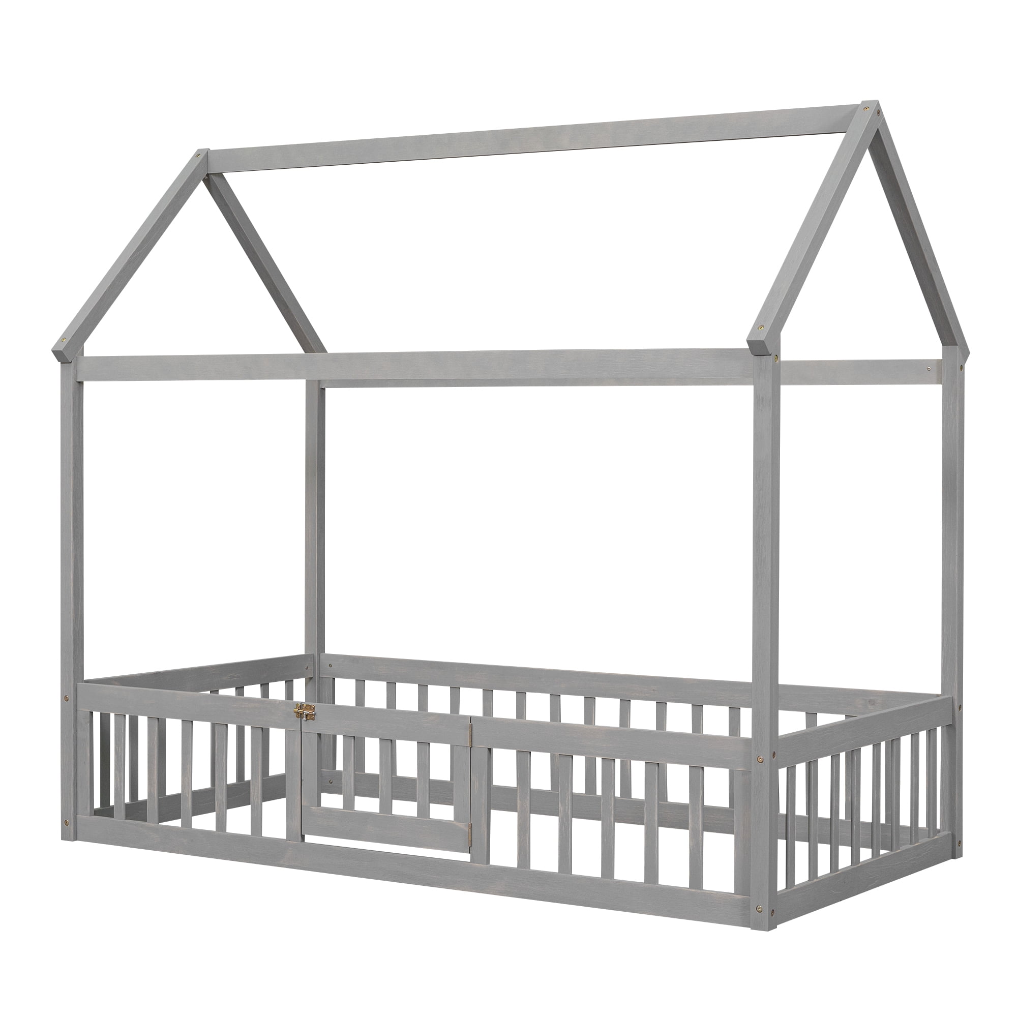 Kids House Bed Twin Size Wood Floor Bed with Fence Roof Pine Platform ...