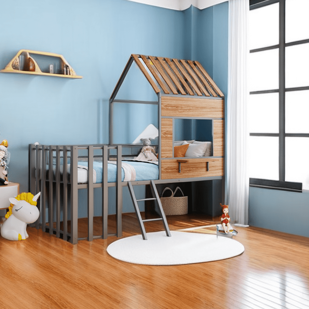 Kids House Beds Low Loft Bed Frame with Roof, Window, Guardrail and ...