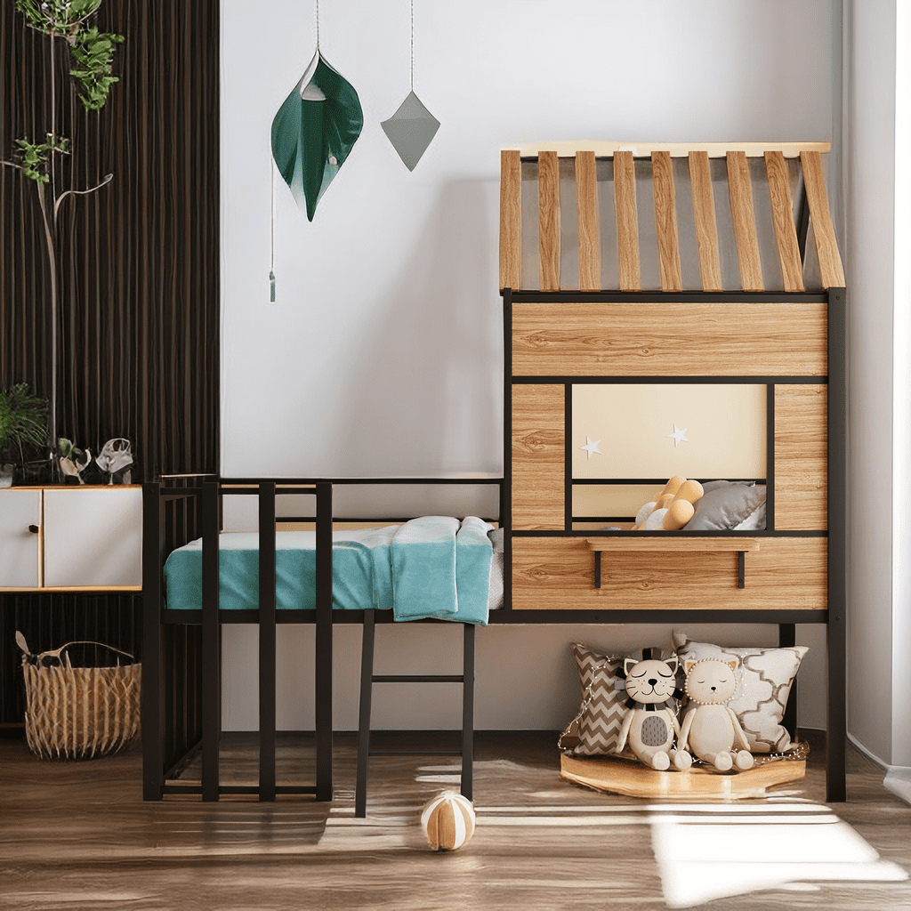 Kids House Beds Low Loft Bed Frame with Roof, Window, Guardrail and ...