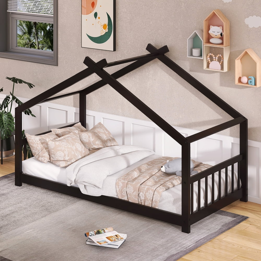 Kids House Beds Wood Bed Frame, Platform Bed with Roof & Full-Length ...