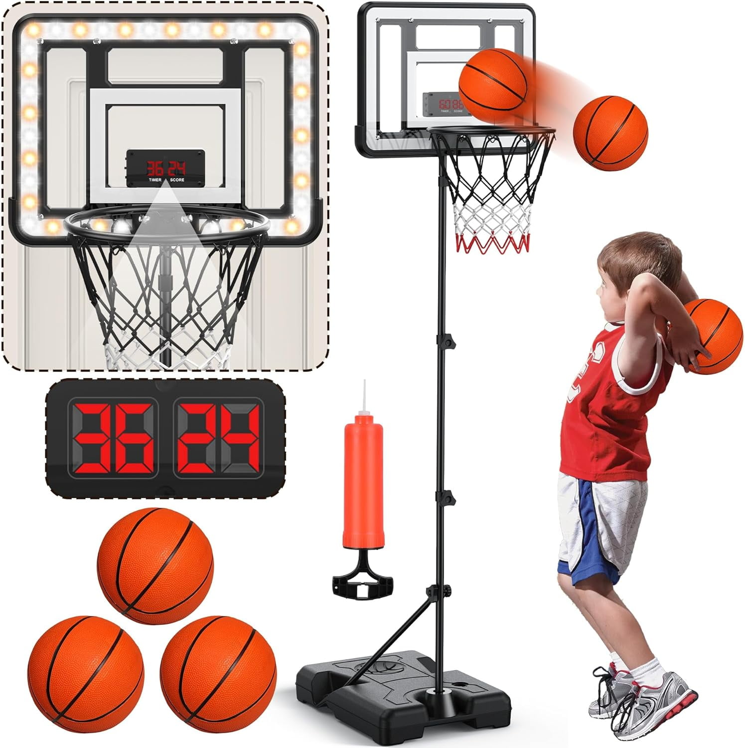 Kids Indoor Basketball Hoop with Scoreboard & Timer,Toddler Adjustable ...