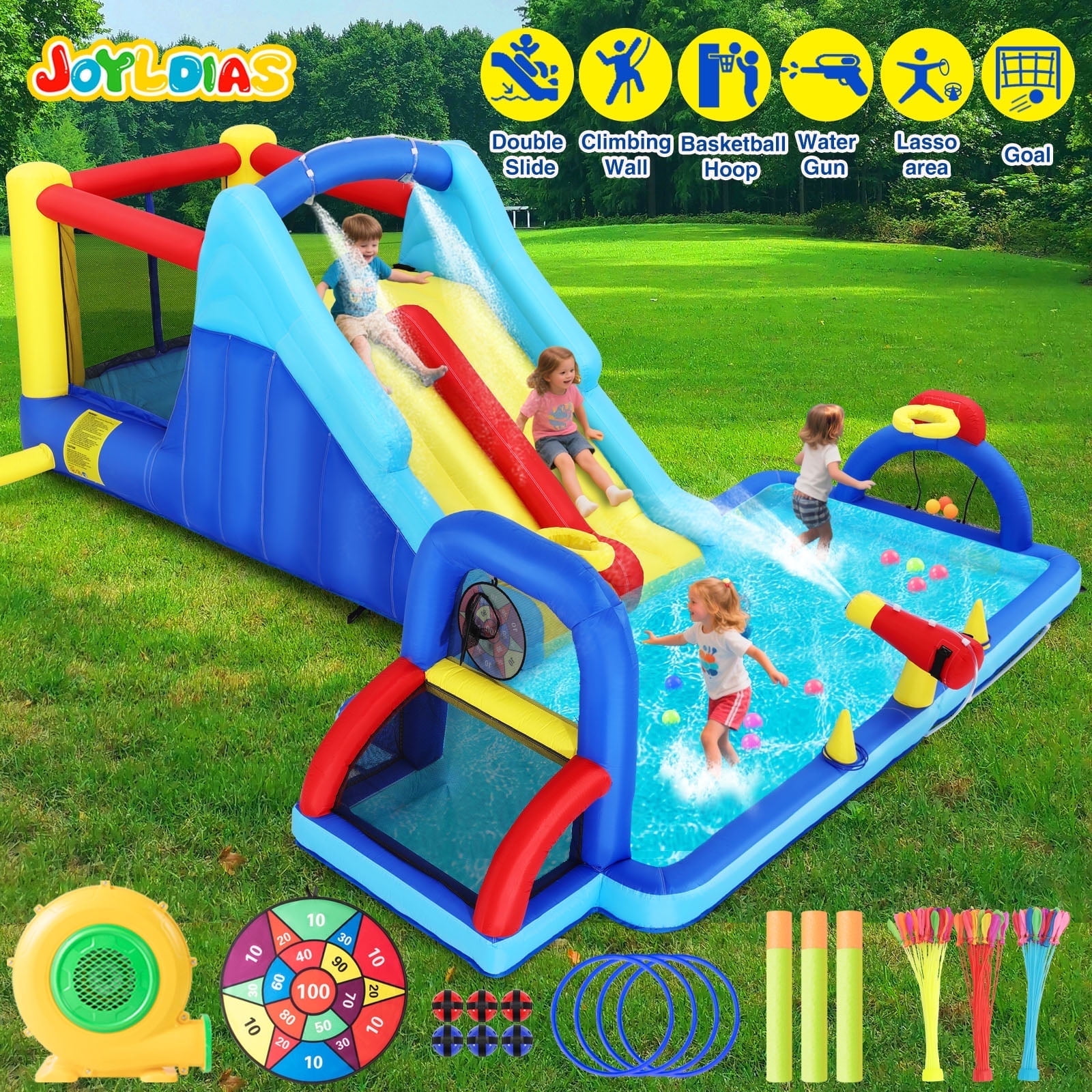 JOYDIAS Kids Giant Inflatable Double Water Slide Bounce House,Splash ...