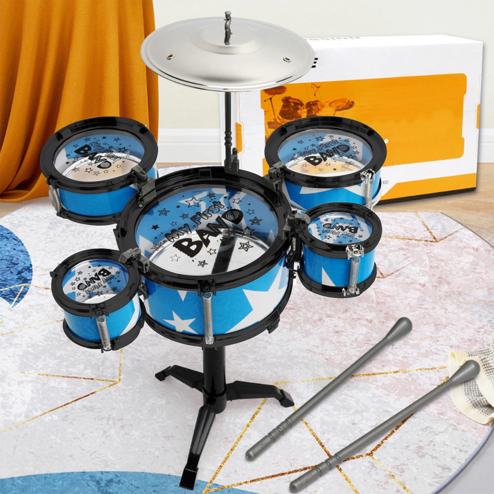 Kids Jazz Drum Set - 5-Piece Simulation Drum Kit with Stool, Percussion ...