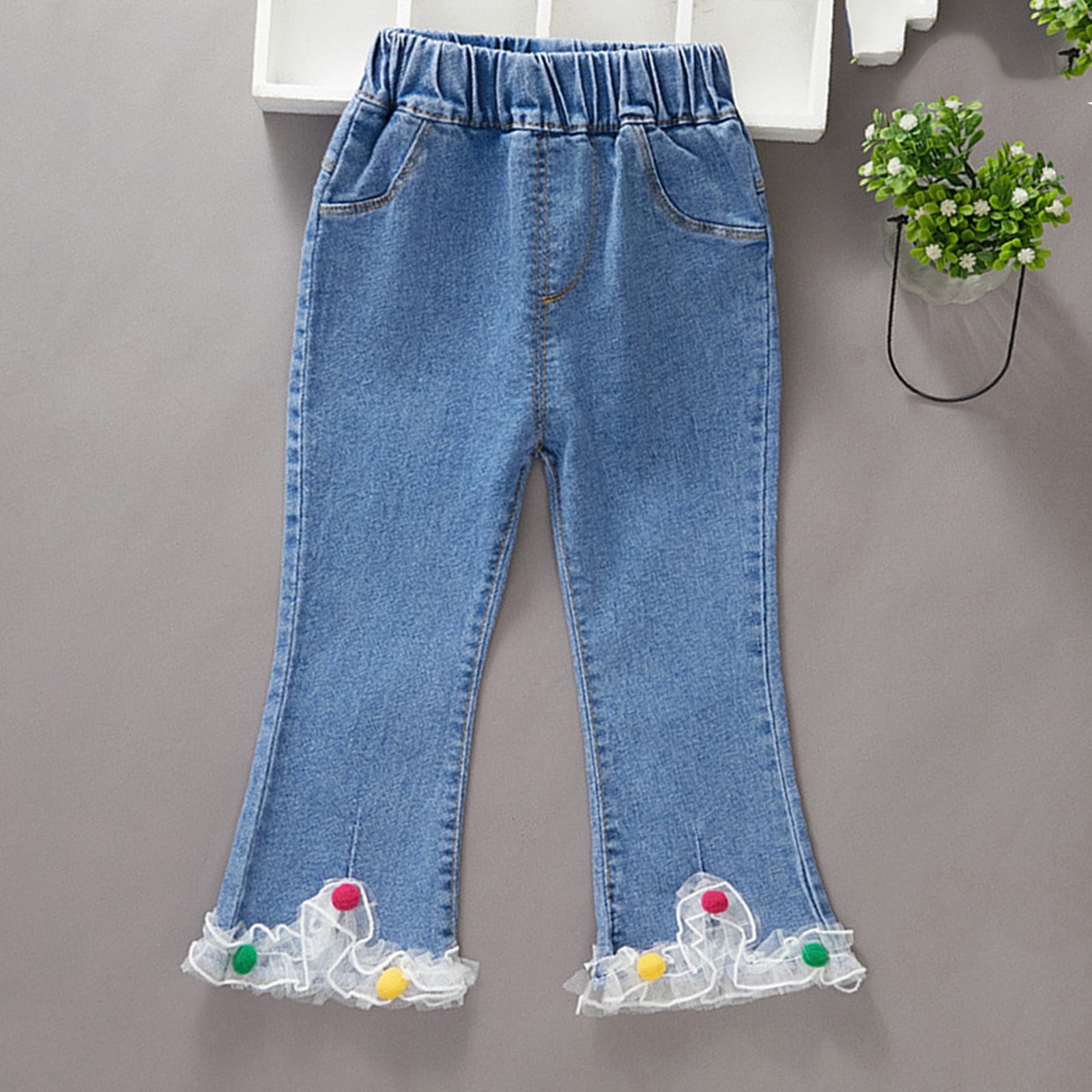 Kids Jeans Girls Bell Bottom Jeans Embroidered High Waist Wide Leg ...