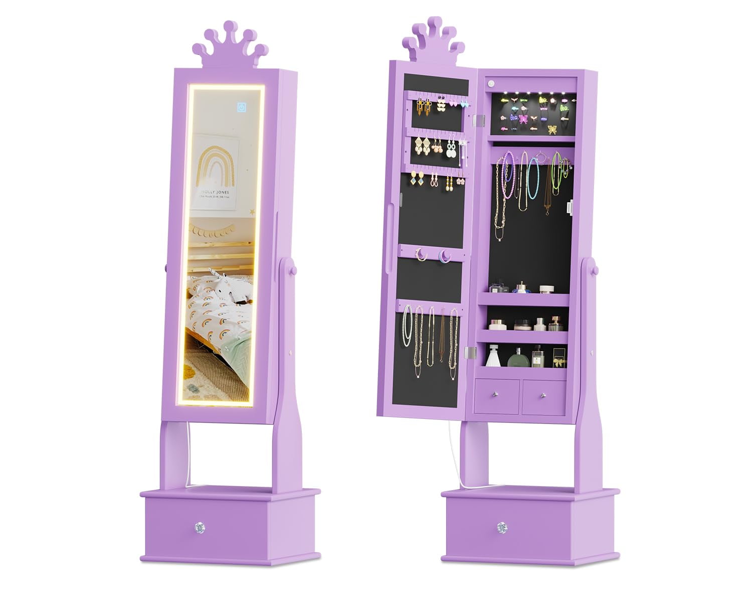 Kids Jewelry Organizer Cabinet with Full-Length Lighted Mirror, 46 ...