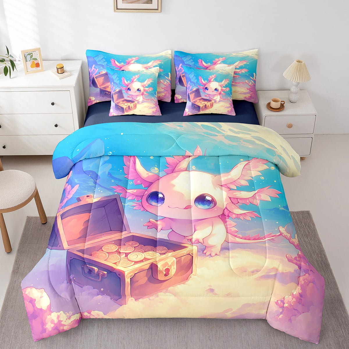 Kawaii Axolotl Bedding Set King Size Pink Cartoon Axolotl Comforter Set ...