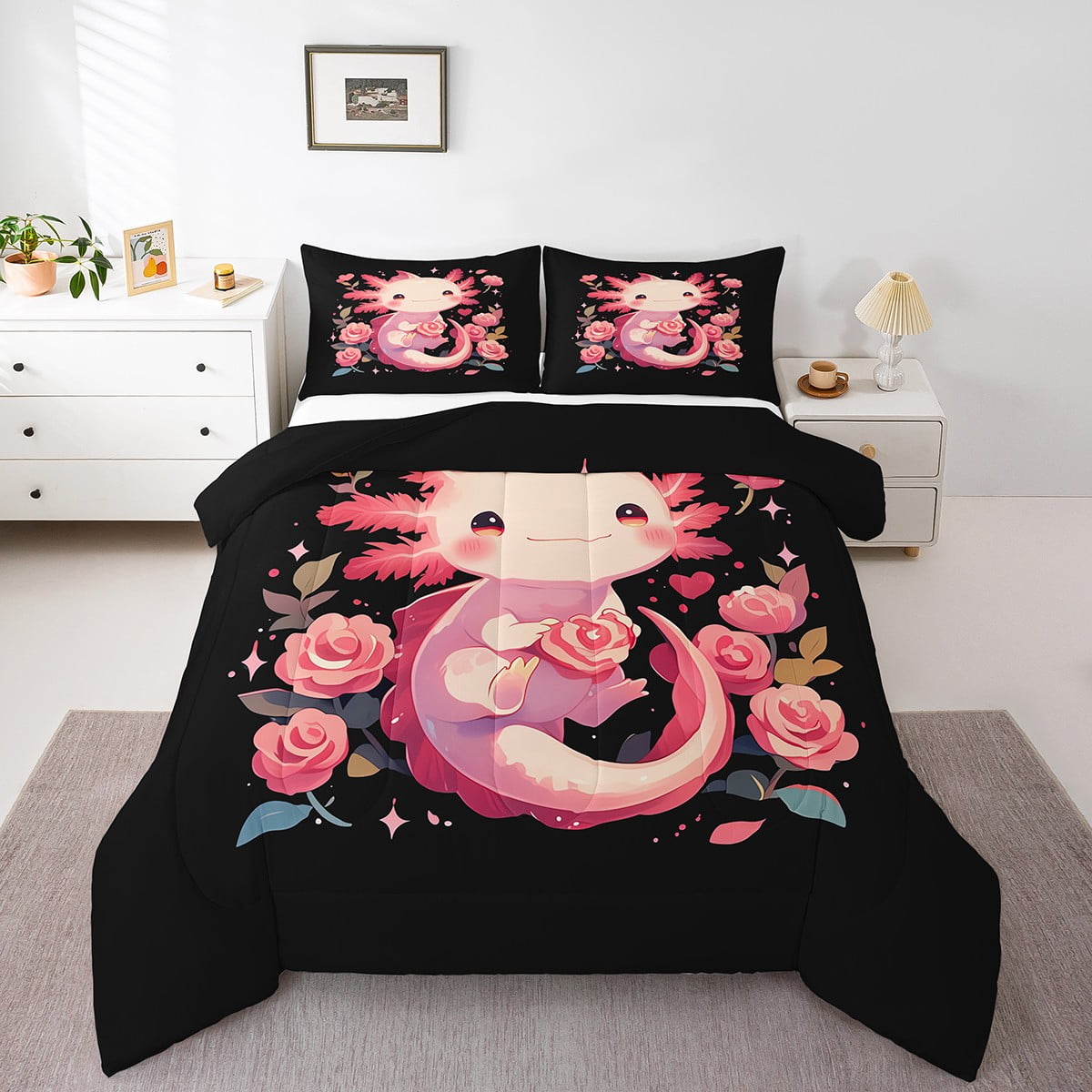 Kawaii Axolotl Queen Comforter Set Pink Rose Flowers Decor Bedding Set ...