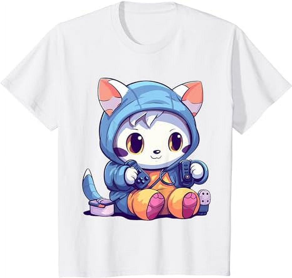 Kids Kawaii Gamer Cat Cute Gaming Kitten Playing Video Games white T ...