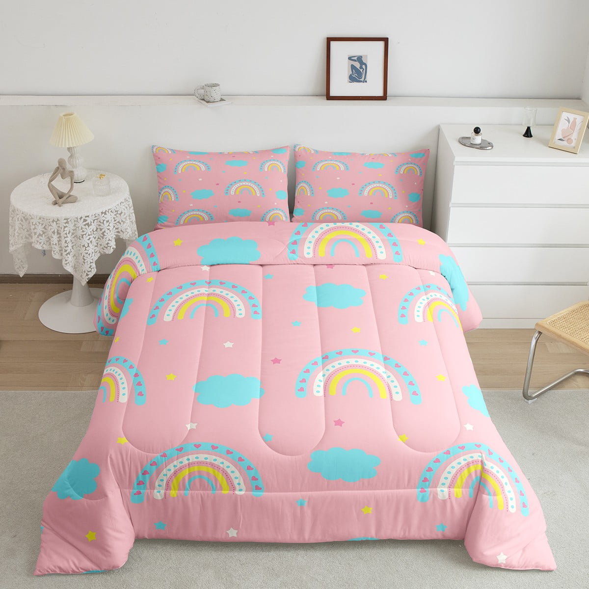 Kids Kawaii Rainbow Cozy Comforter Set with Playful Clouds Boho Stars ...