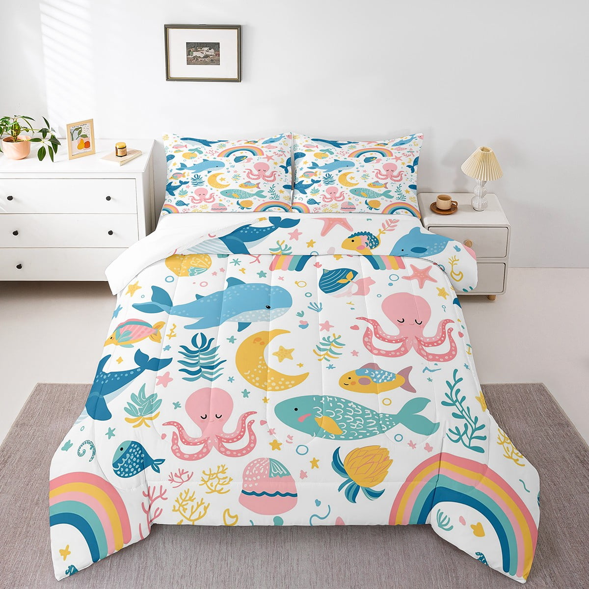 Kawaii Whale Bedding Set Cute Pink Octopus Queen Comforter Set Children ...