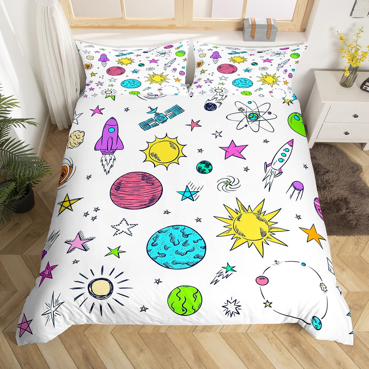 Kids King Comforter Cover Space Rocket Bedding Set Universe Themed ...
