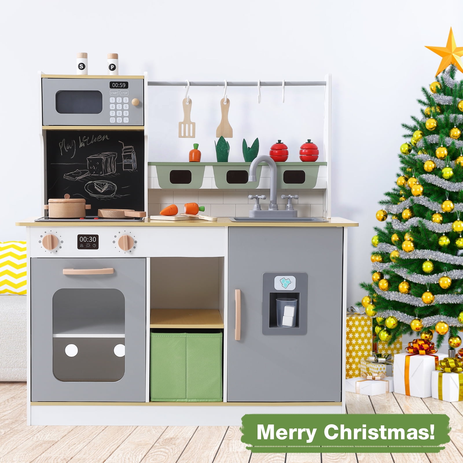 Kids Kitchen Playset with Cookware Accessories, Wooden Mini Pretend Toy ...