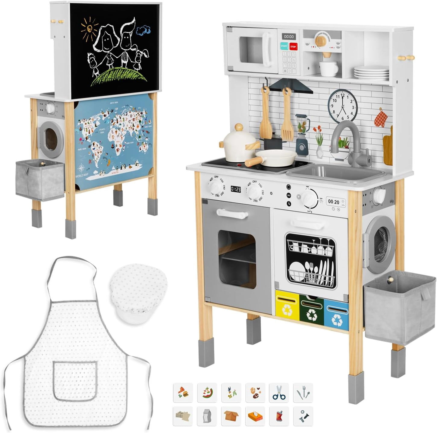 Kids Kitchen Playset with Garbage Classification, Wooden Pretend Play Kitchen with Sound and ...