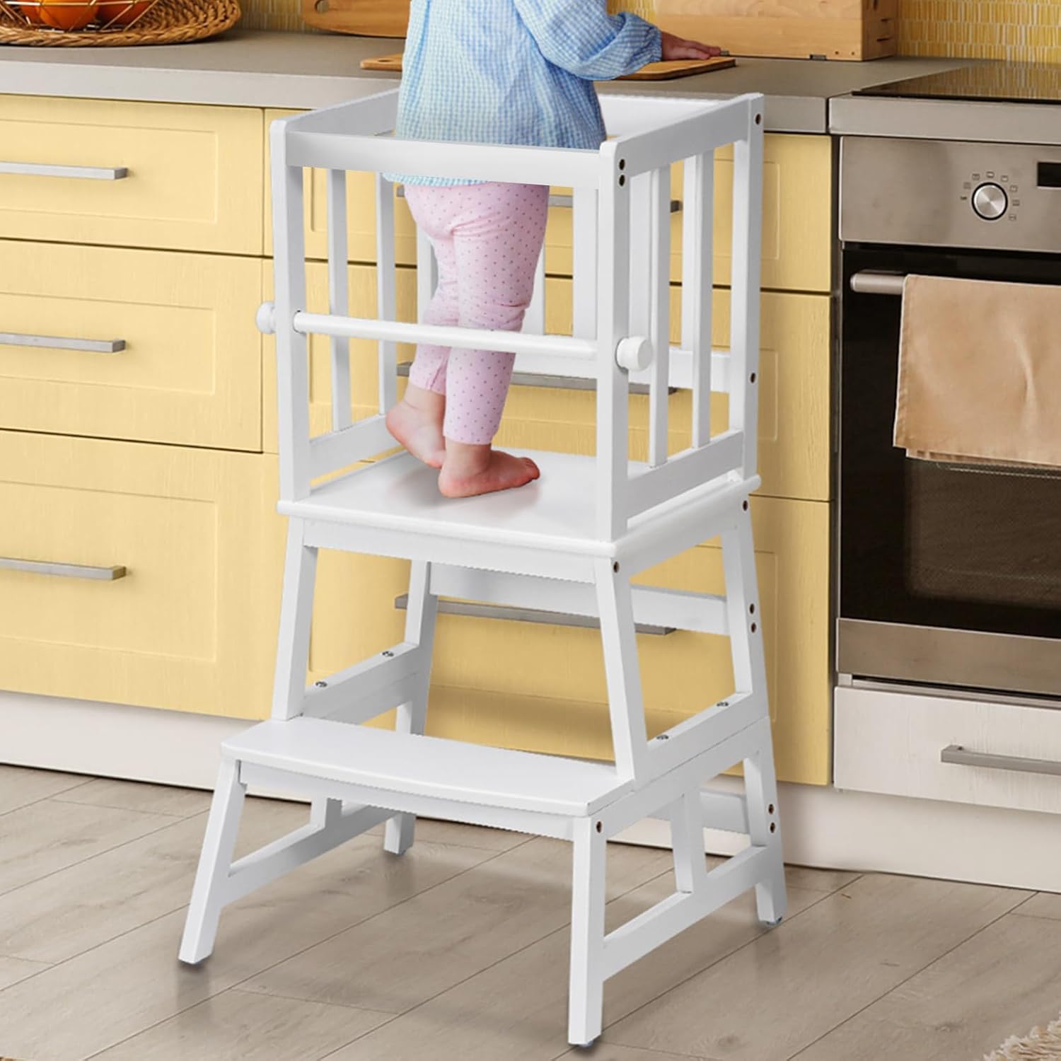 Kids Kitchen Step Stool Helper with Gloves Removable Anti-Drop Railing ...