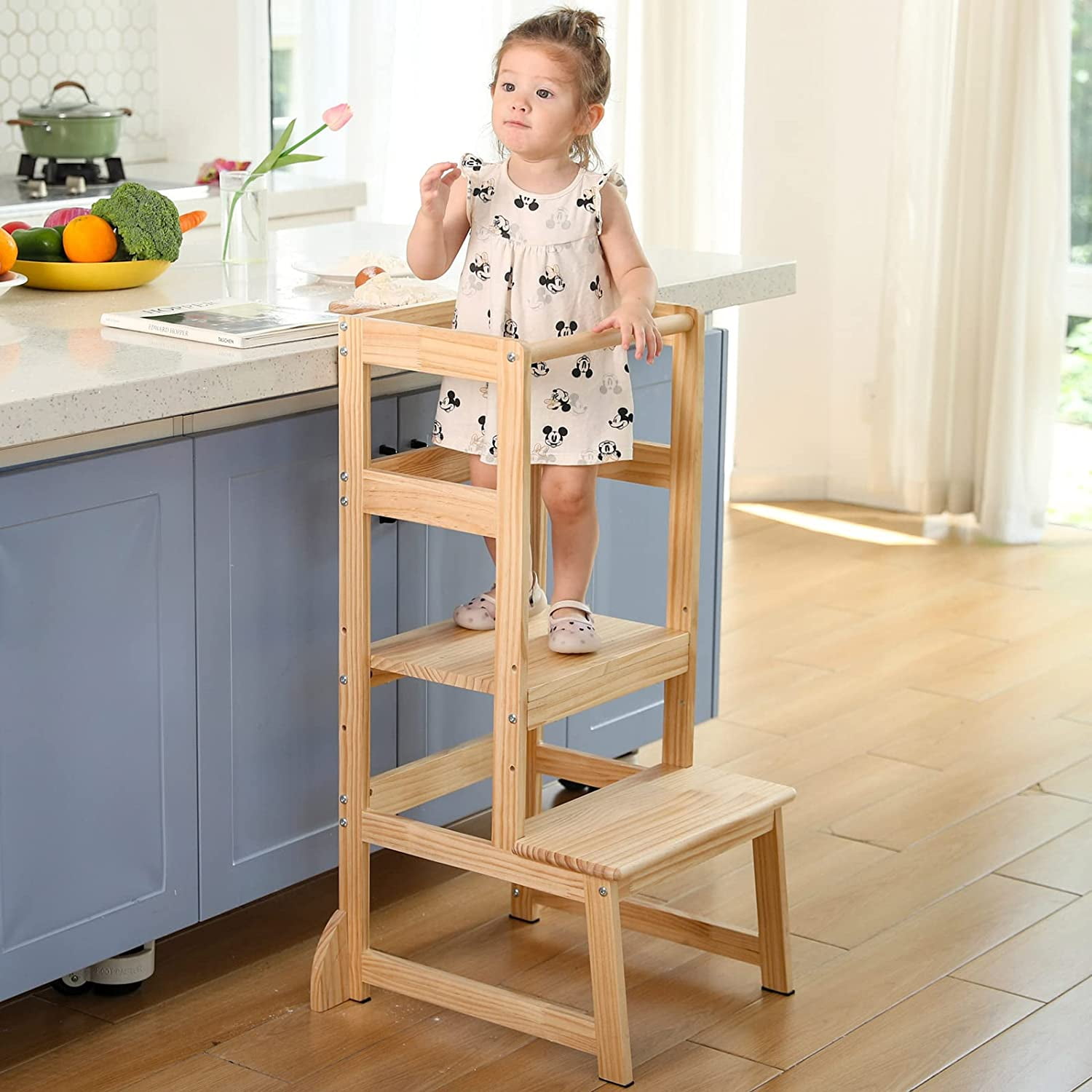 Kids Kitchen Step Stool for Kids with Safety Rail,Solid Wood ...