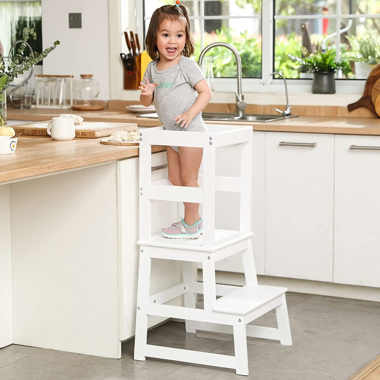 Kids Kitchen Step Stool for Kids with Safety Rail,Solid Wood ...