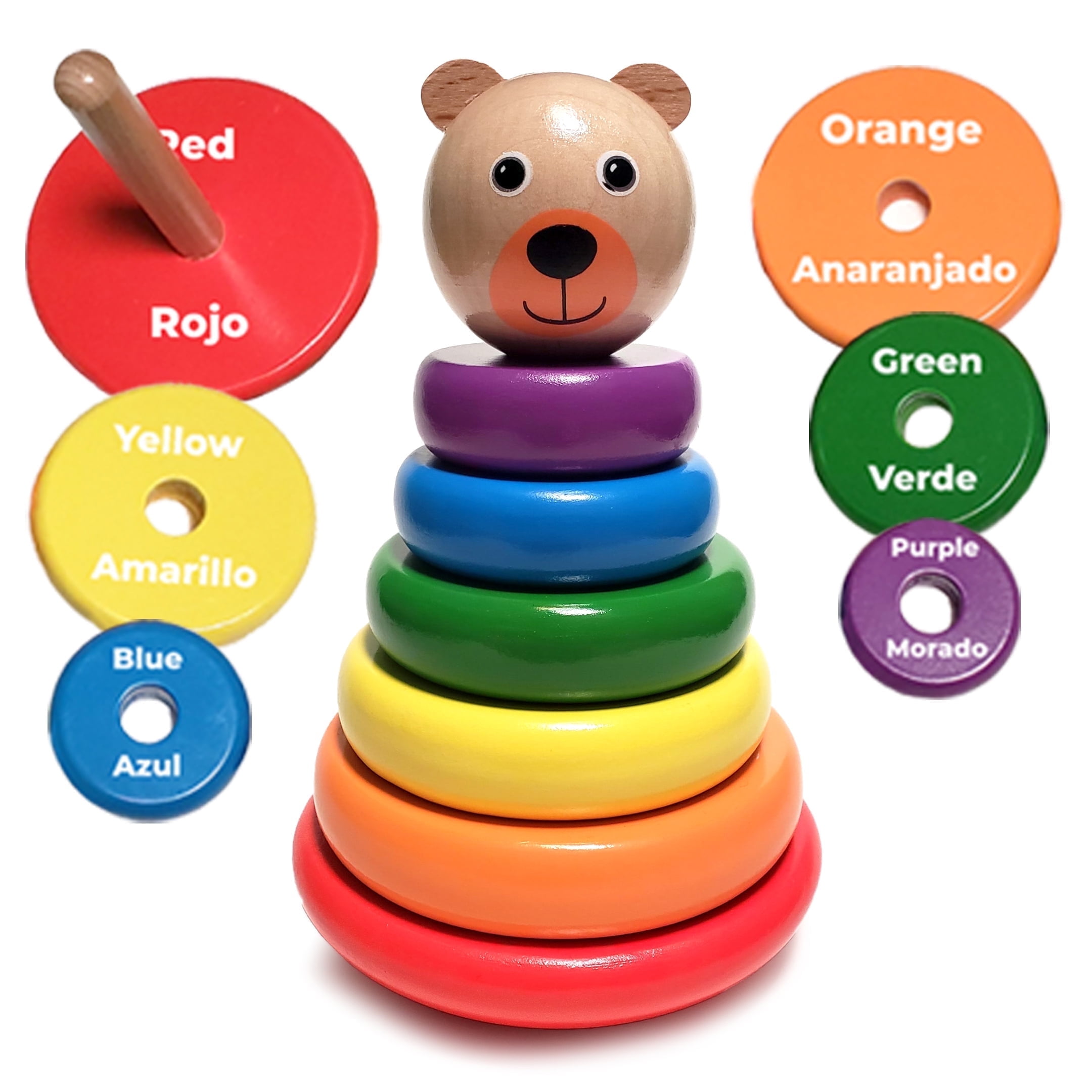 Kids Korner 7-Piece Bilingual Wood Stacking Rings - Learn Colors in ...