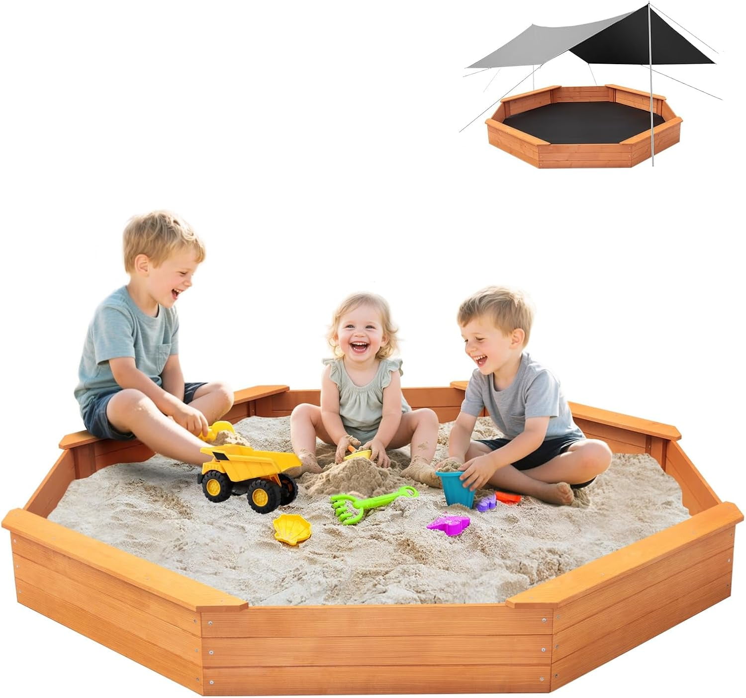 Kids Large Octagonal Wooden Outdoor Sandbox with Cover, 4 Built-in ...
