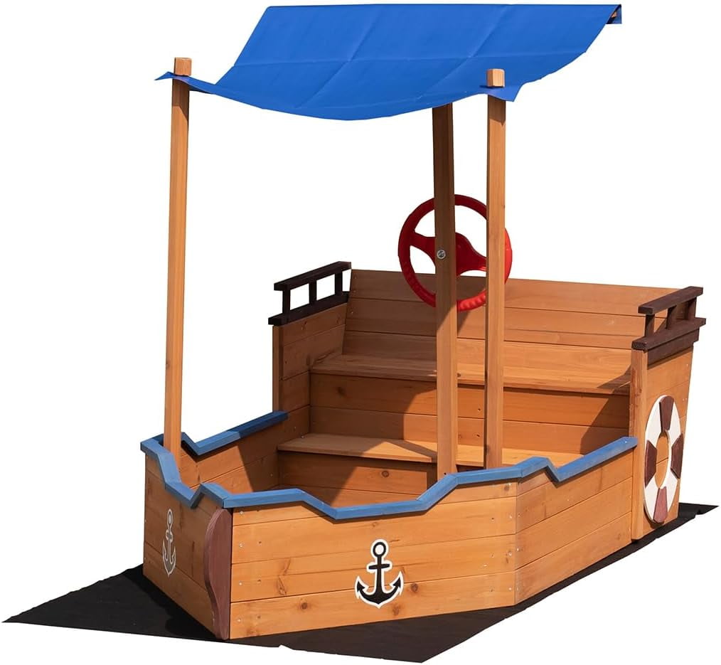 Kids Large Wooden Sandbox, Pirate Sandpit w/Bench Seat, Storage Space ...