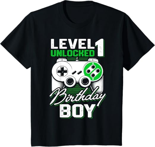 Kids Level 1 Unlocked Birthday Boy Gamer 1st Birthday Level Up T-Shirt ...
