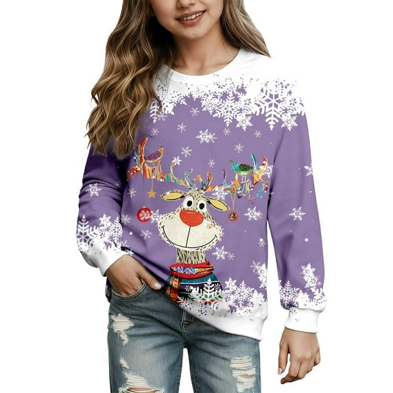 Kids Lightweight Sweatshirt Christmas Girls' Cartoon Deer Head Crew ...