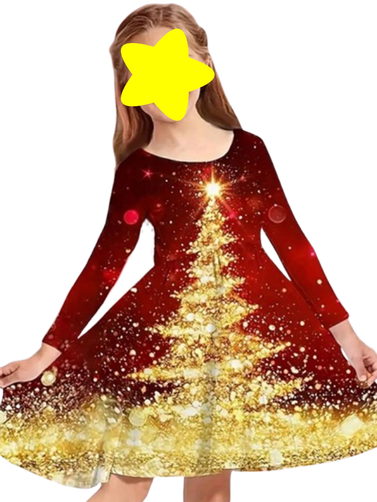 Kids Little Girls Christmas Dress Glitter Christmas Tree Print Round ...
