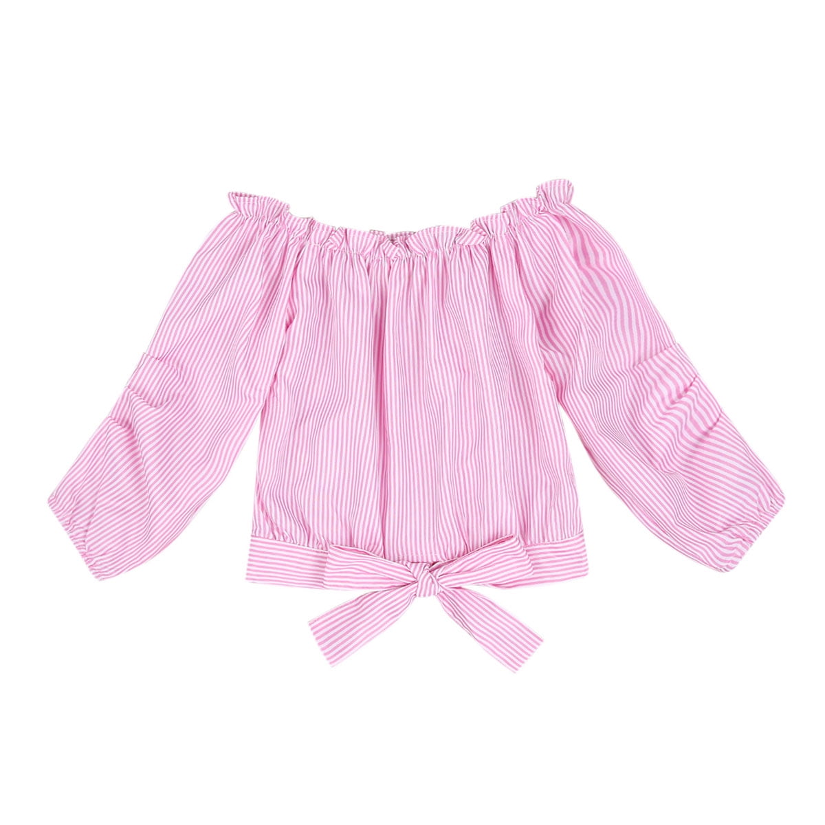 Kids Little Girls Off Shoulder Tops, Long Sleeve Striped Print Tie Knot ...