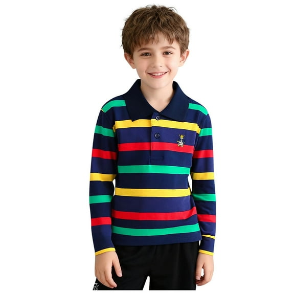Kids Long Sleeve T-Shirts Lapel Half Button Down Stripes Pullover Tops ...