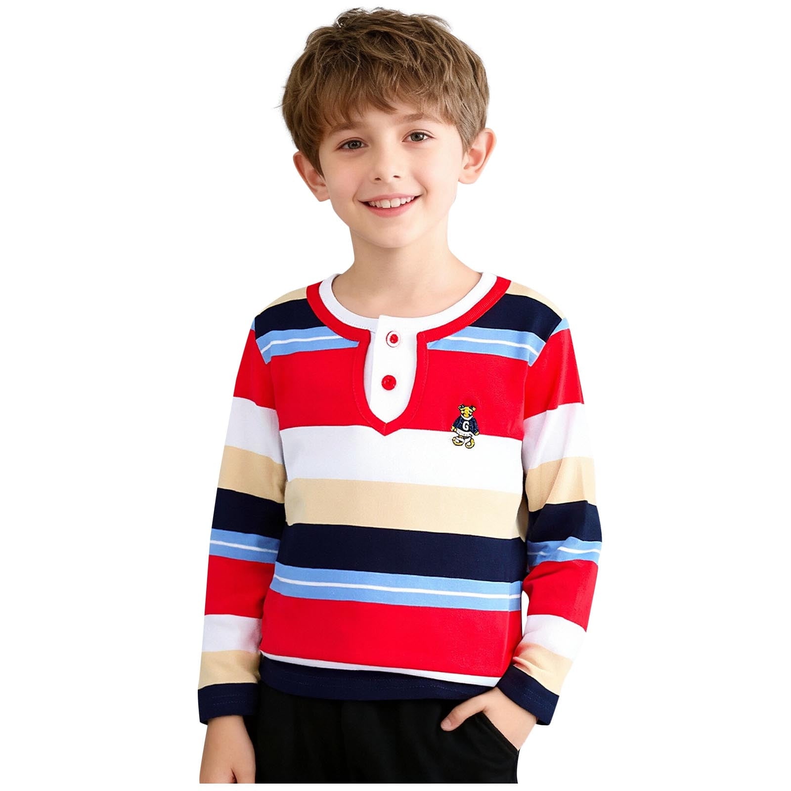 Kids Long Sleeve T-Shirts Lapel Half Button Down Stripes Pullover Tops ...