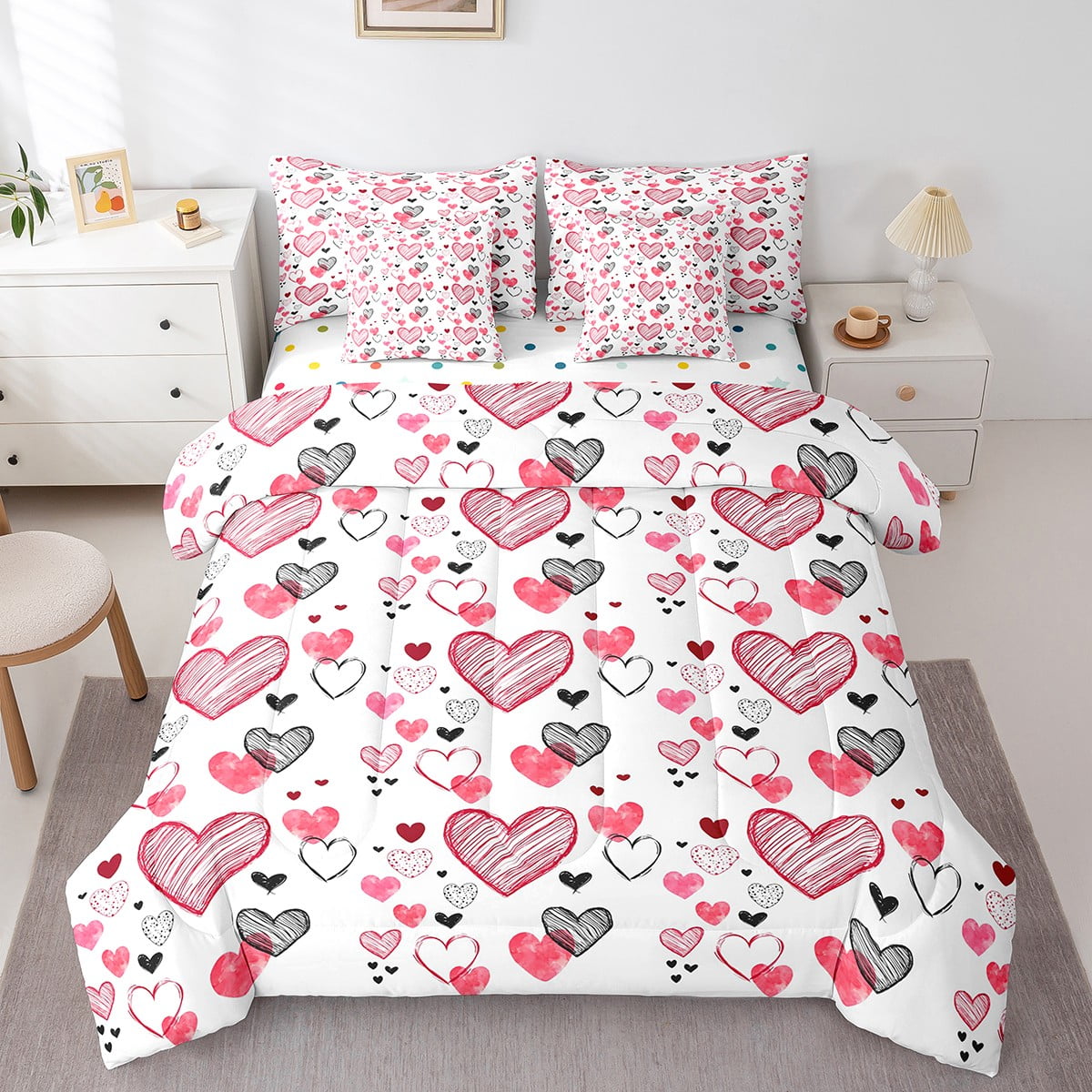 Love Hearts Comforter Set,Romantic Valentine's Day Bedding Set Queen ...