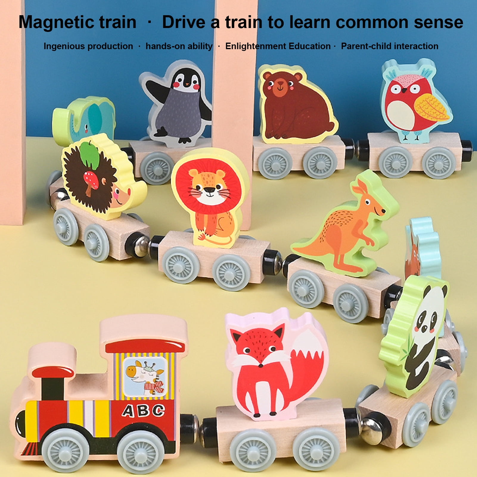 Kids Magnetic Train Toy with Animal Vehicle Fruits Wooden Block ...