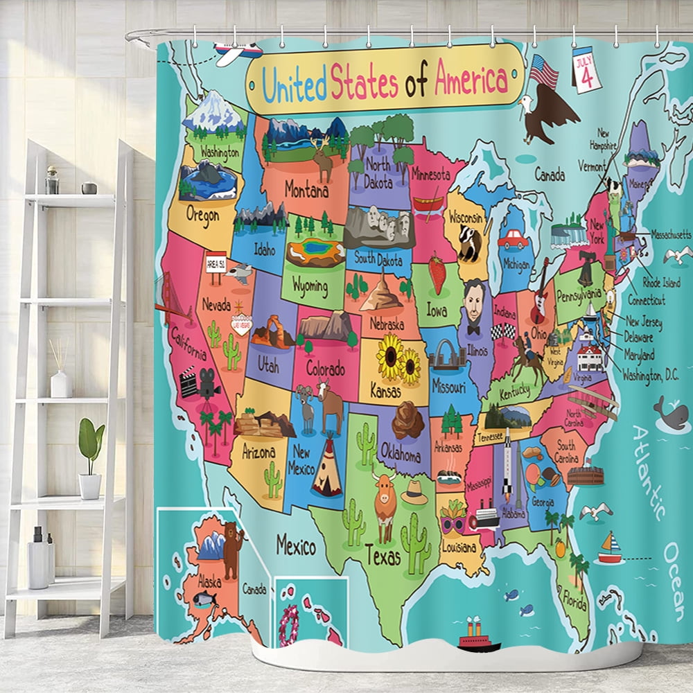 Kids Map of The United States Bath Curtain, Cartoon Fun Facts Geography ...