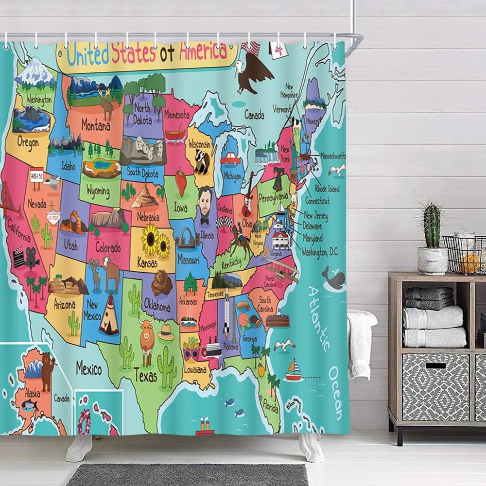 Kids Map of The United States Half Shower Curtain, Fun Facts Geography ...