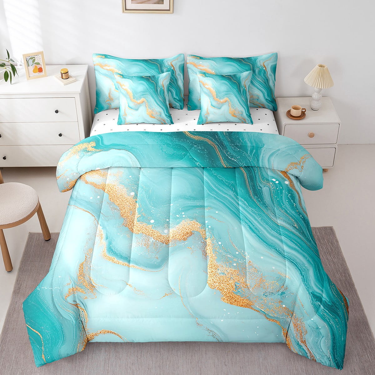 Marble Comforter 7 Pieces Queen Size Stone Pattern Fluid Bedding Set ...